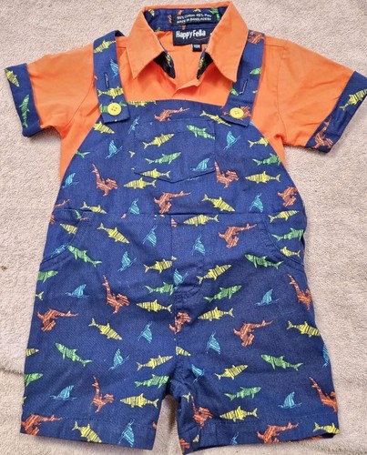 Happy Fella Baby Boy 18 Month 2 Piece SET Shortall Shirt Navy Orange ...