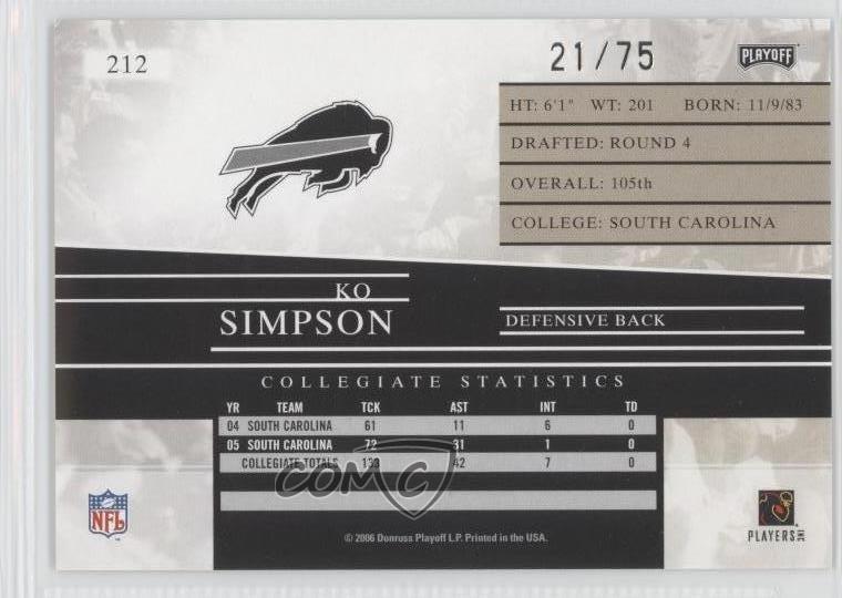 2006 Playoff Prestige Xtra Points Purple /75 Ko Simpson #212 Rookie RC ...