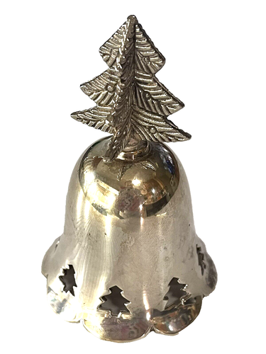 VTG. SILVER-PLATED BELL w/CHRISTMAS TREE HANDLE, TREE CUT-OUTS w ...