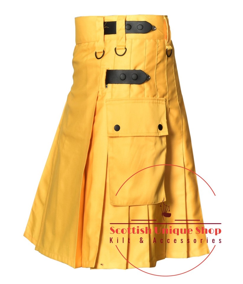 Scottish Handmade Yellow Kilt Utility Deluxe Cotton Leather Straps ...