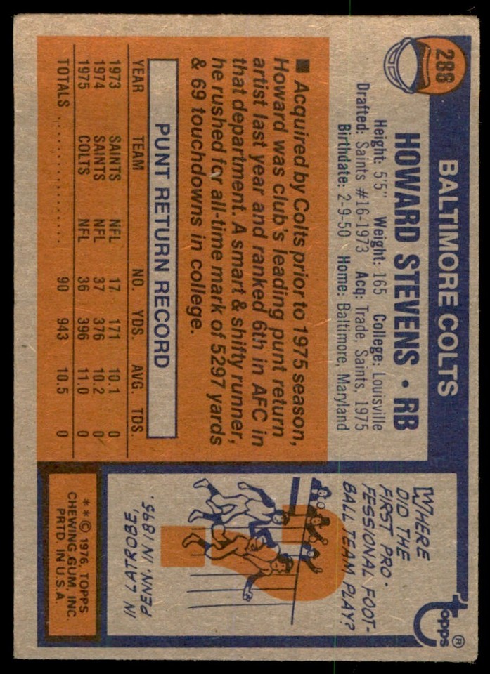 1976 TOPPS HOWARD STEVENS . BALTIMORE COLTS #288 | eBay