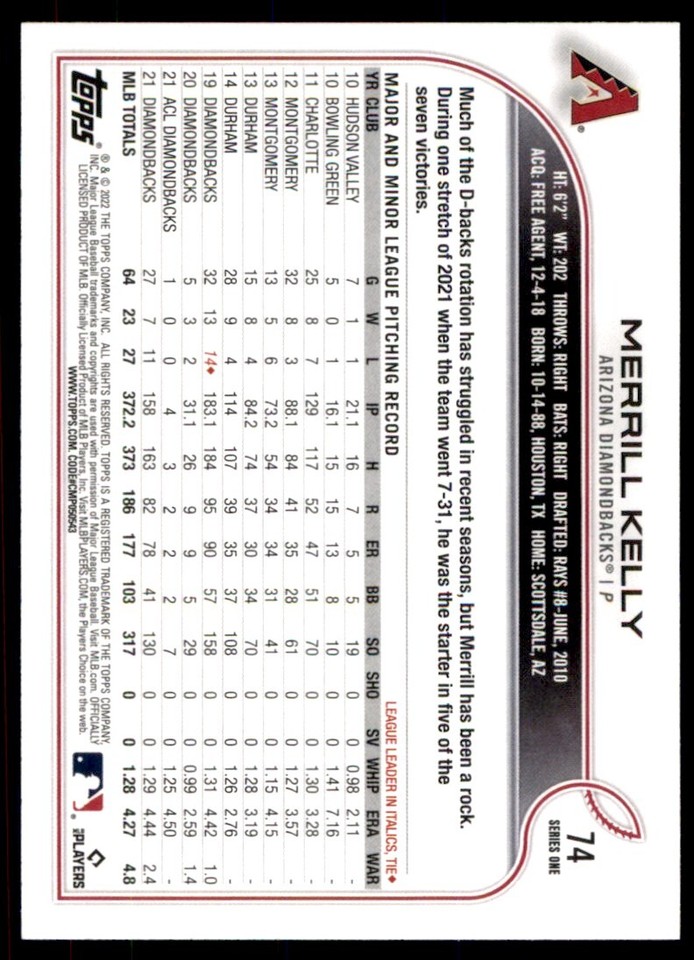 2022 TOPPS #74 MERRILL KELLY ARIZONA DIAMONDBACKS | eBay