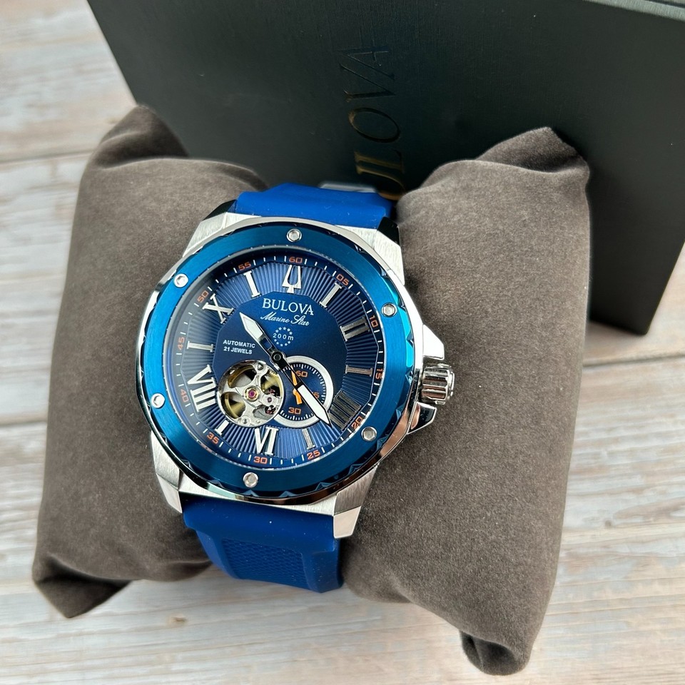 Bulova 98A303 Marine Star Blue Dial Blue Rubber Strap Men's Automatic ...