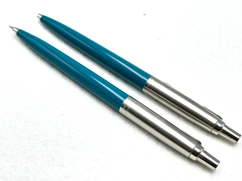 VINTAGE c1980 PARKER JOTTER TEAL BLUE BALLPOINT PEN & PENCIL SET BRASS ...