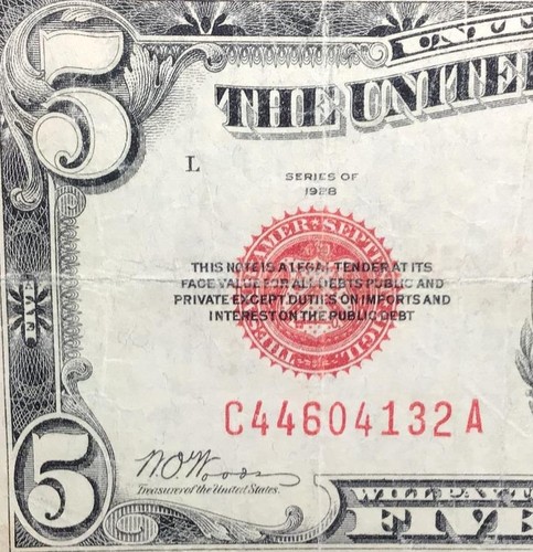 1928 $5 Plain RED US Legal Tender VG/FINE X4132 Old US Paper Currency ...