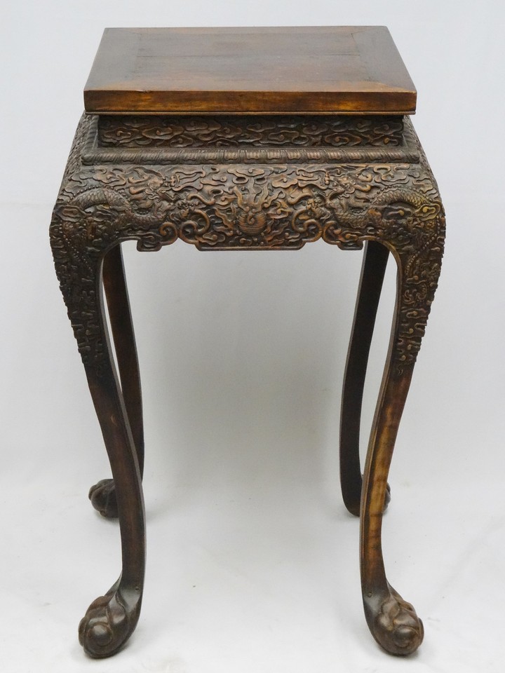 ANTIQUE QING CHINESE HONG MU CARVED WOOD DRAGON MOTIF JARDINIERE STAND ...