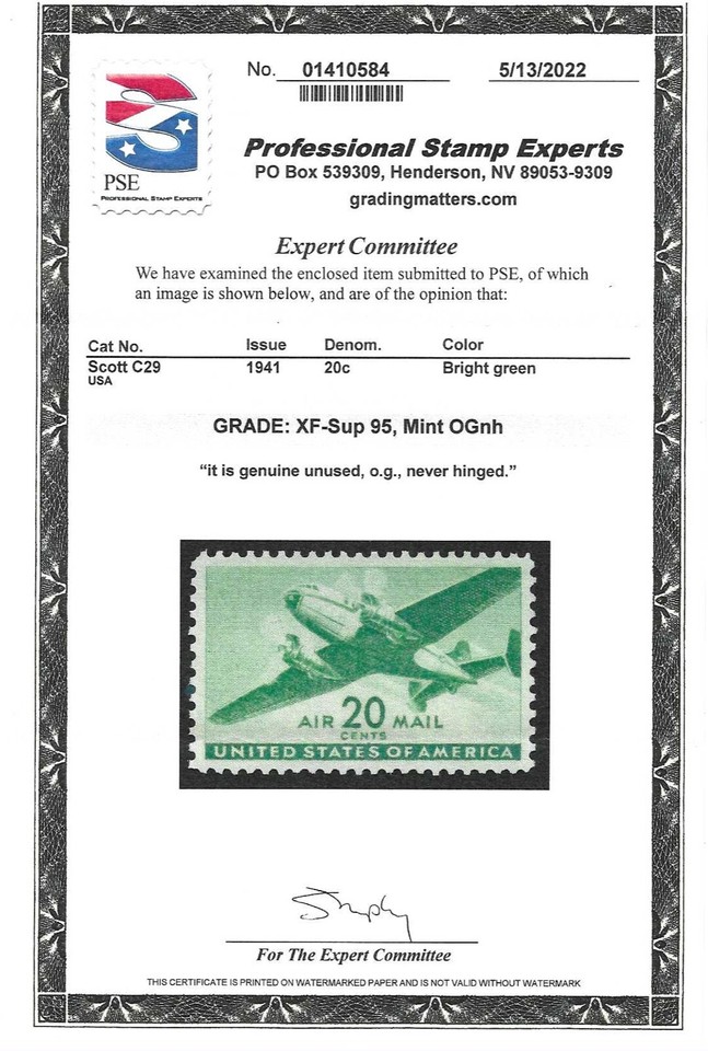 U.S. STAMP #C29 --- 20c TRANSPORT PLANE AIRMAIL— XF-SUPERB - MINT ...