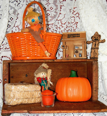 Vintage Fall Decor Bundle: Orange Basket,Pottery Pumpkin,Scarecrows ...