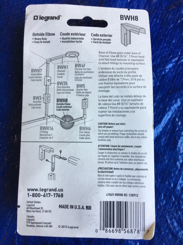 Legrand BWH8 Wiremold Metal Raceway 90-Degree Outside Elbow, White Wire ...