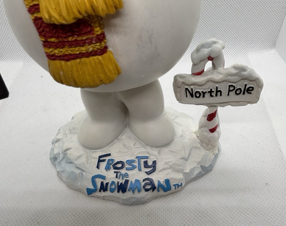 BD&A Frosty the Snowman Bobble Head Nodder 2002 North Pole Sign Yellow ...