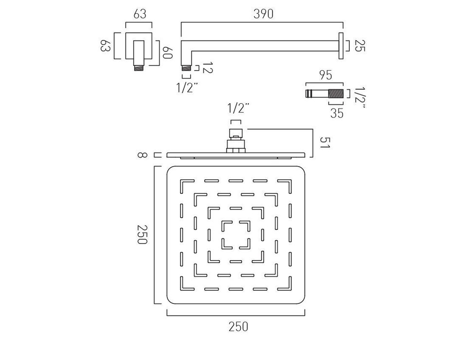 VADO GEOMETRY 250MM SQUARE SHOWER HEAD & ARM GEOM-250SQ-SA-SS £275rrp ...