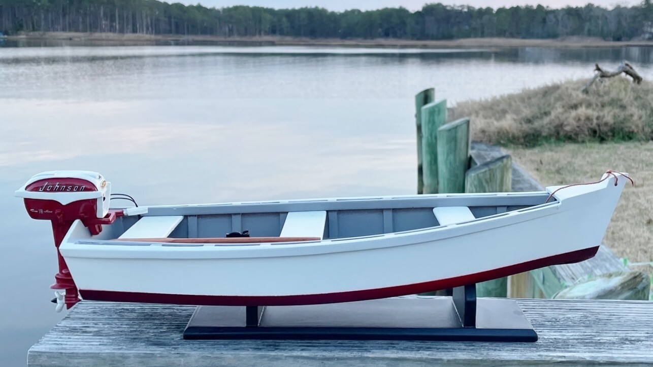 WOODEN SKIFF MODEL WITH RED JOHNSON 18 HP OUTBOARD - ON SALE AND FREE ...