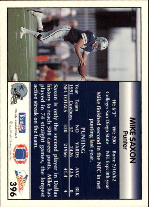 1992 Pacific Football Card #396 Mike Saxon | eBay