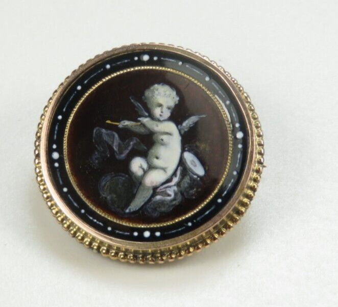 Victorian 1880's Hand Painted Enamel Winged Cherub Pin 10K Yellow Gold ...