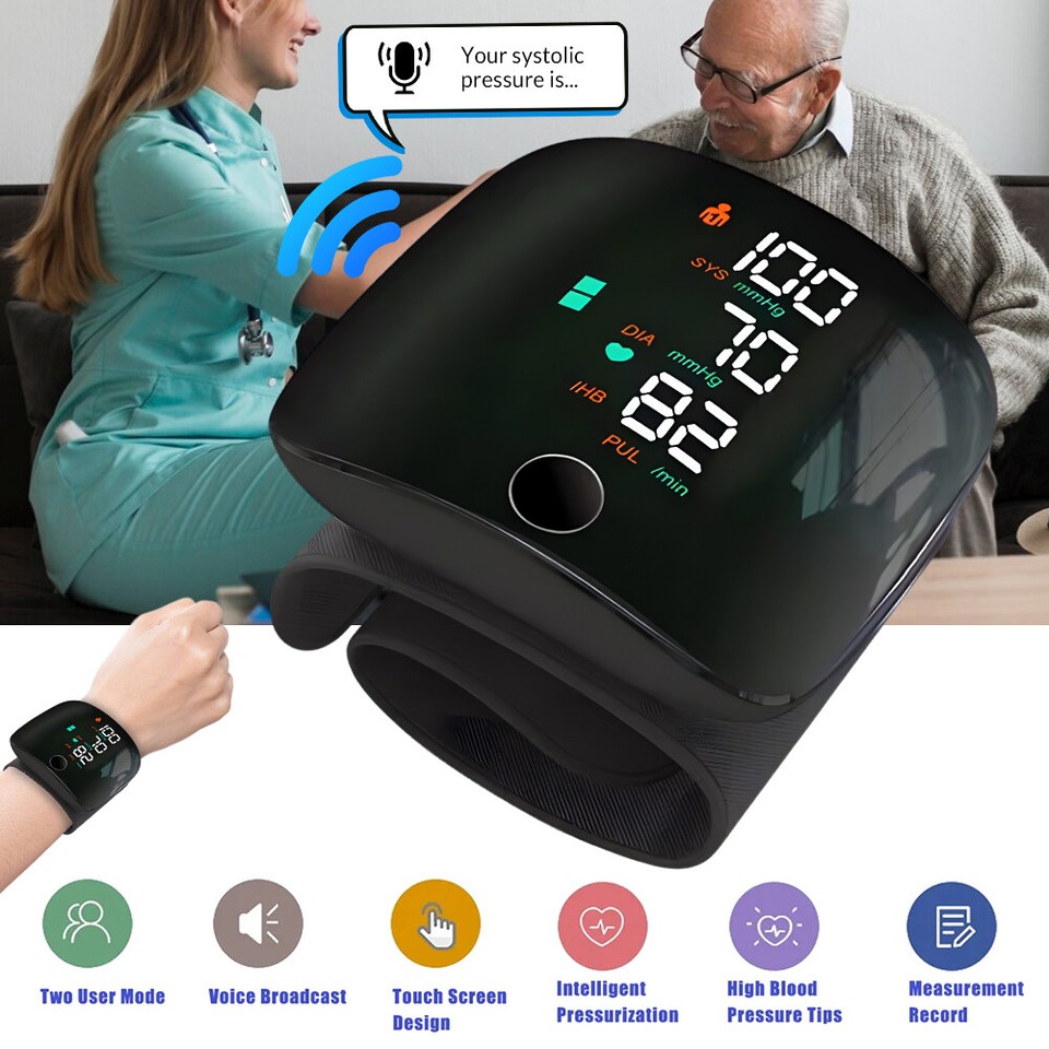 LED Blood Pressure Monitor Wrist Rechargeable Voice Broadcast Heart ...