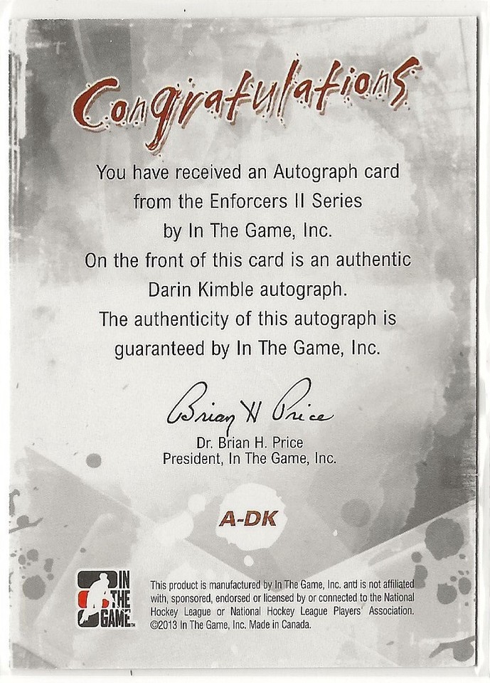 2013-14 ITG Enforcers Autographs #ADK Darin Kimble In The Game | eBay