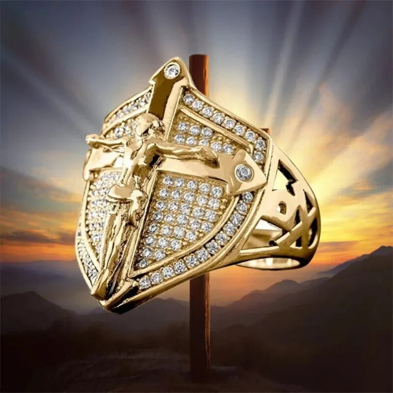 MEN JESUS CROSS SHIELD HIP HOP RAPPER GOLD PLATED LUXURY PINKY RING ...