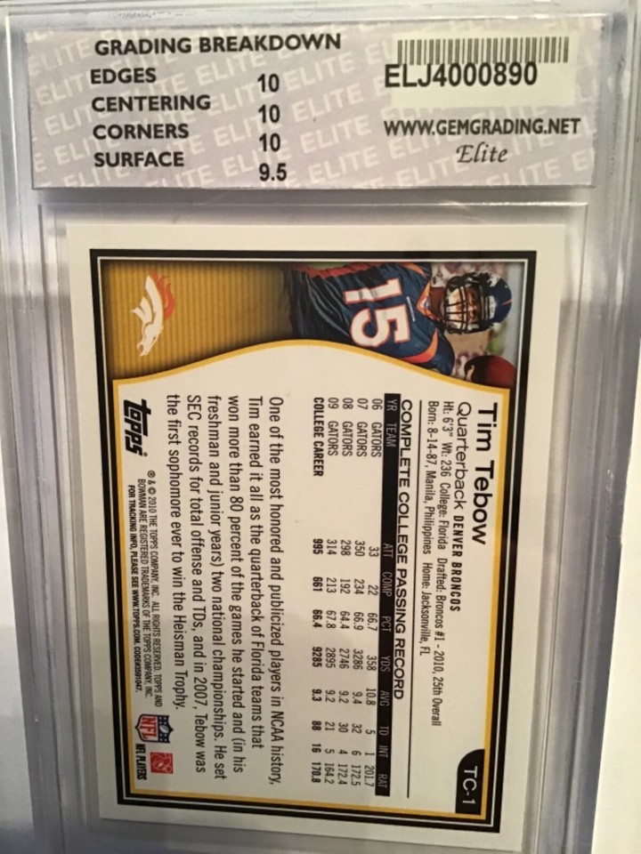 Tim Tebow 2010 Bowman #TC-1 GEM ELITE 10 Pristine Target ROOKIE CARD | eBay