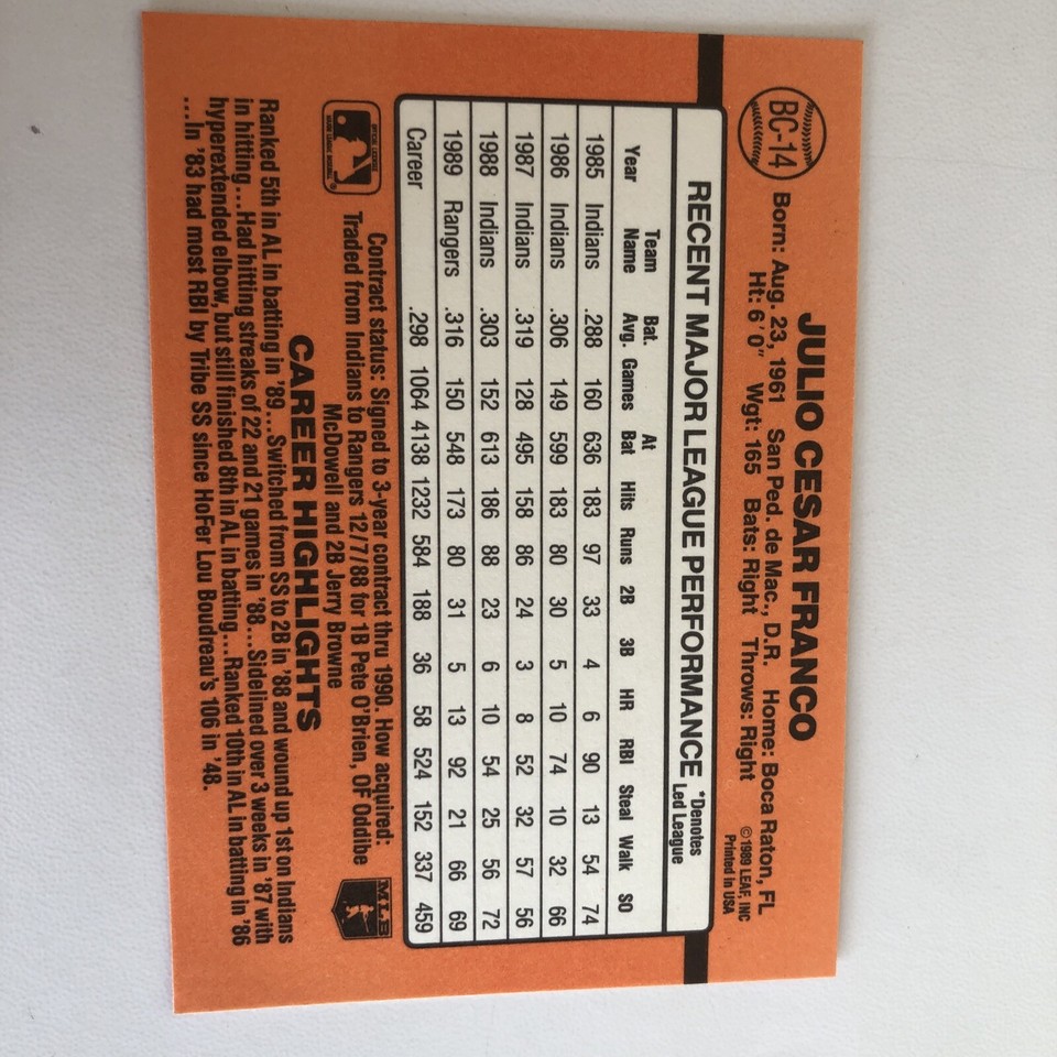 1990 Donruss BC-14 Julio Franco TWO ERRORS-No dot after Inc, wrong ...