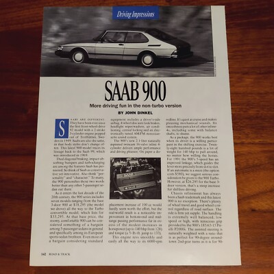 SAAB 900 MAGAZINE ARTICLE ROAD & TRACK DRIVING FUN IN NON TURBO VERSION ...