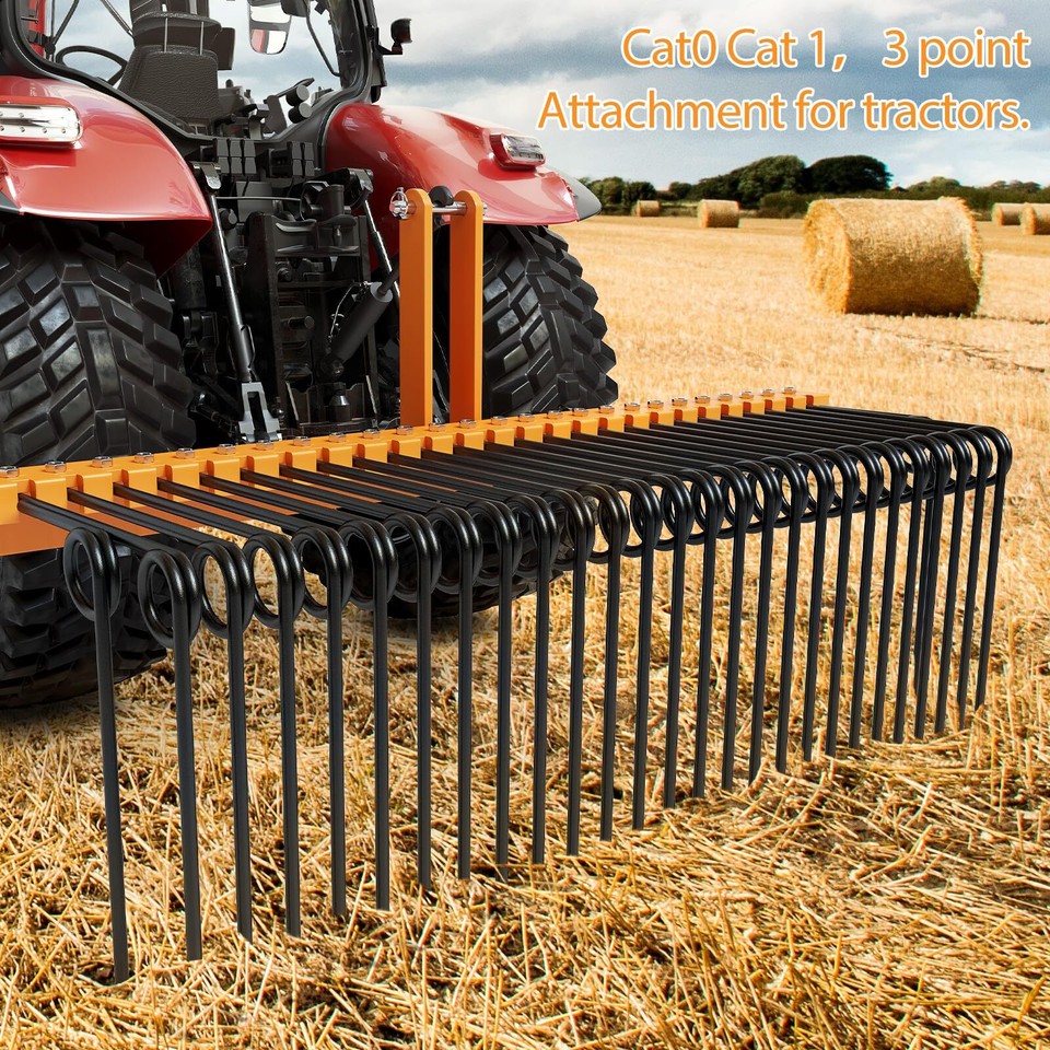 72" 3 Point Tractor Rake Durable Powder Coated Steel Spring Landscape ...
