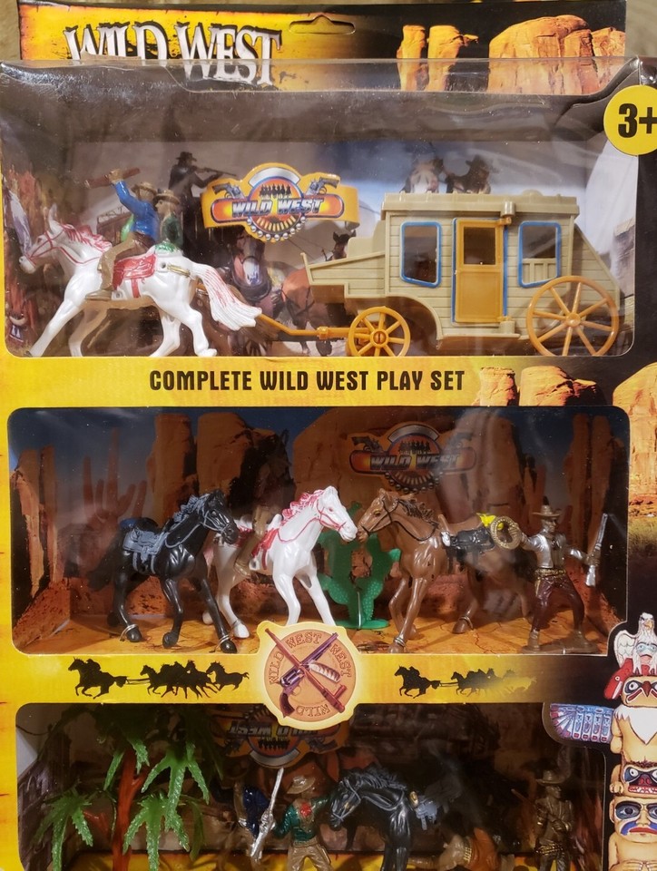 RARE WILD WEST TOY ! 16 PIECE STAGE COACH COWBOYS AND HORSES 3 LAYER ...