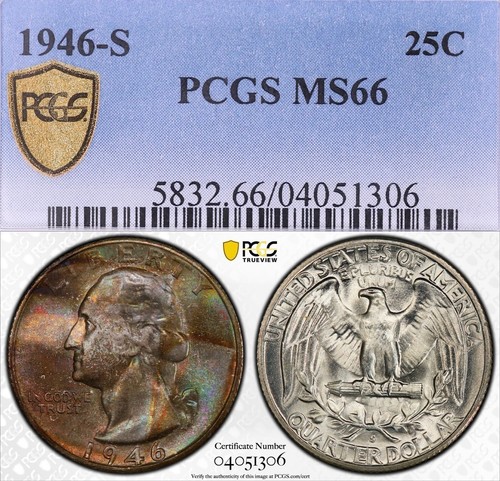 MS66 1946-S 25C Washington Silver Quarter, PCGS Trueview- Rainbow Toned ...