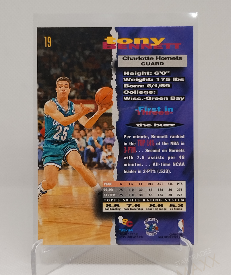 1993 TONY BENNETT #19 TOPPS STADIUM CLUB NBA CHARLOTTE HORNETS ...