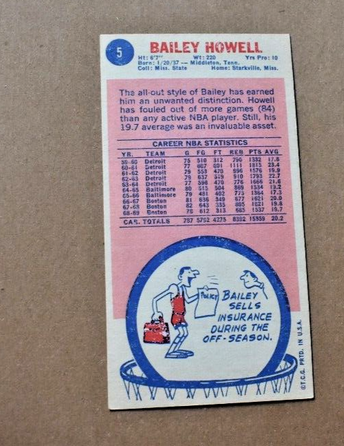 Bailey Howell HOF 1969 70 Topps Basketball TALL BOY Card #5 Boston ...