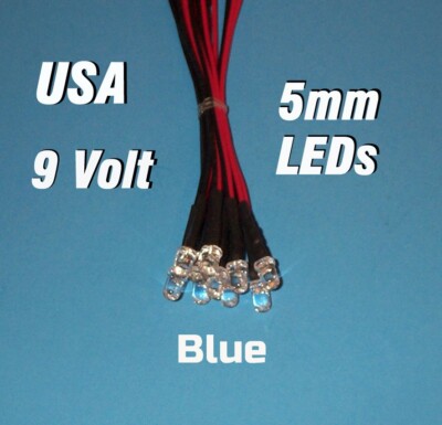 10 x LED - 5mm PRE WIRED LEDS 9 VOLT BLUE 9V PREWIRED USA | eBay