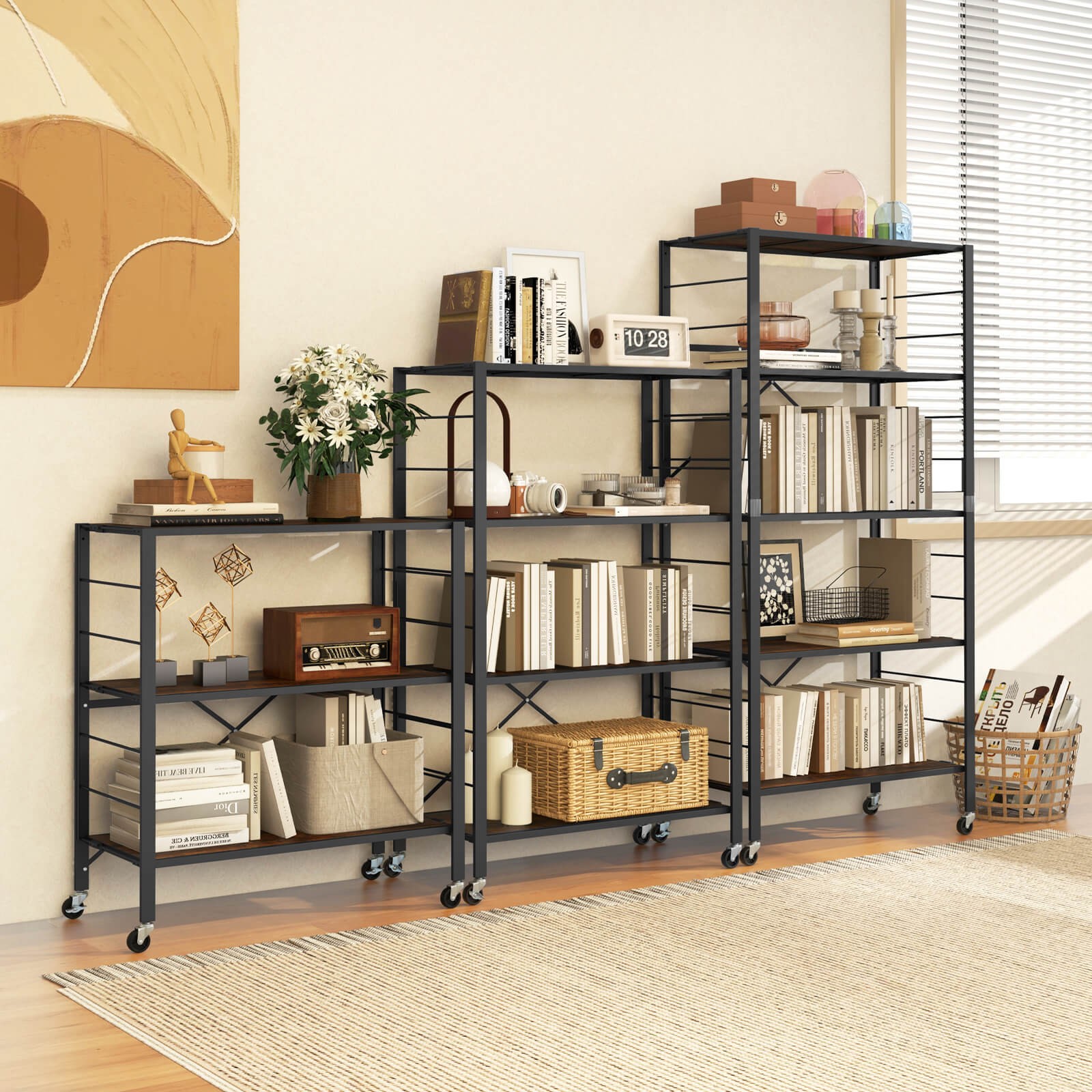 4-tier Rack Folding Storage Unit Shelf w/ Lockable Wheels Home Shelving ...
