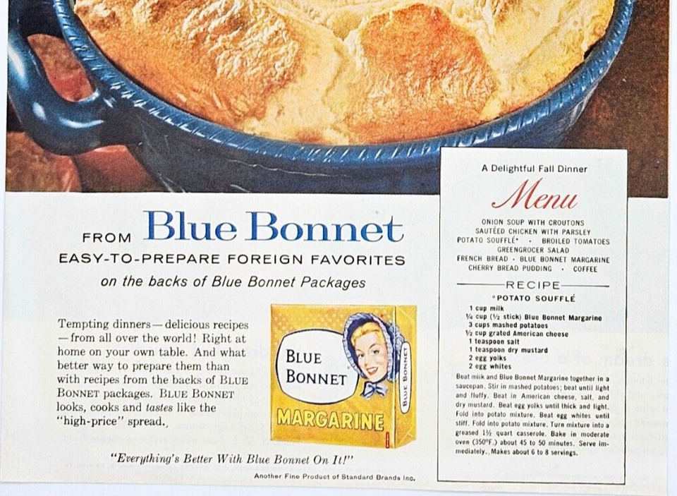 Blue Bonnet margarine ad vintage 1961 original souffle recipe ...