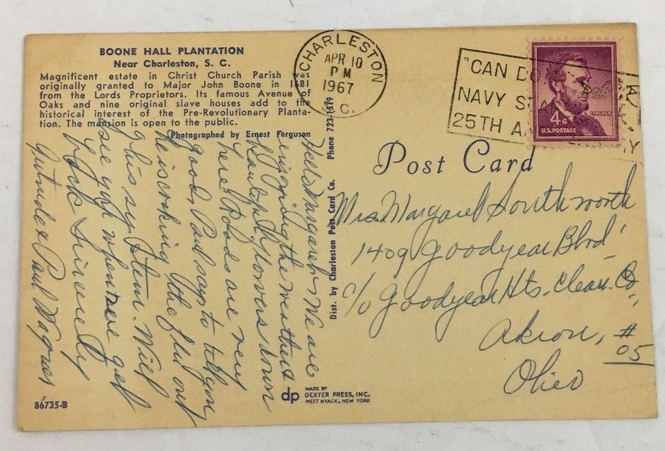 Vintage Postcard Major John Boone Hall Plantation Near Charleston , S.C ...