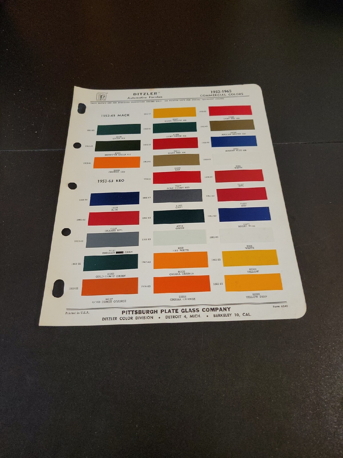 1952-1963 DITZLER PPG COMMERCIAL COLORS MACK REO PAINT CHIP SWATCH ...