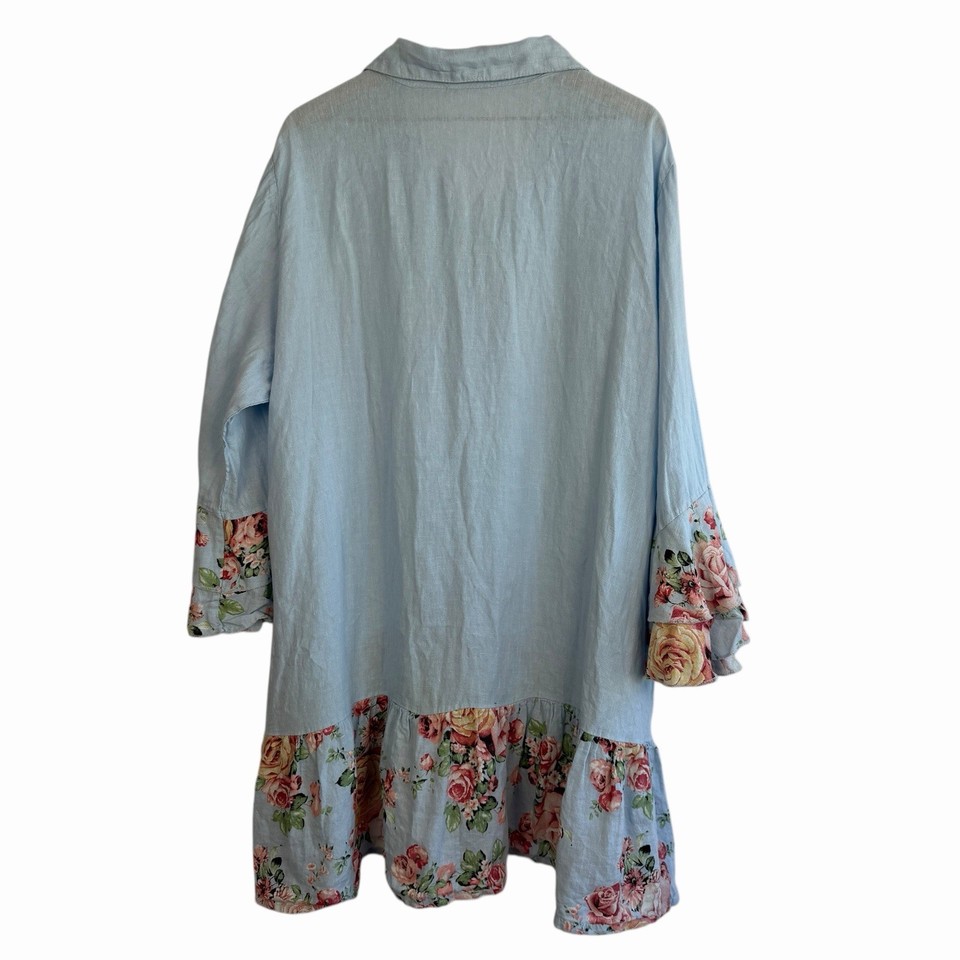 Women's Sky Blue 100% Linen Tunic Shirt Dress Floral Ruffle Trim Est ...