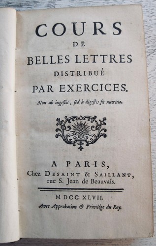 Original 1747 Cours de Belles Lettres Tom.I par l'Abbé Charles Batteux ...