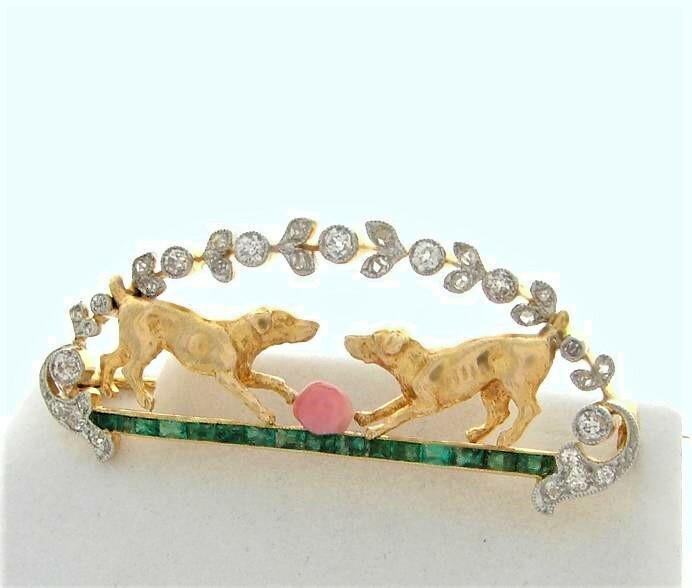 ANTIQUE DIAMOND EMERALD CONCH PEARL DOG BROOCH 1920's WEINMAN BROTHERS ...