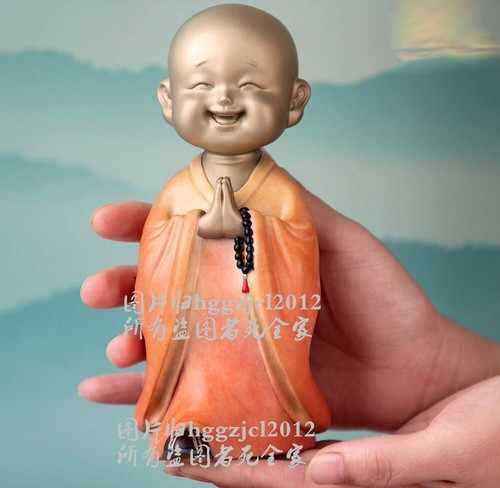 7" Brass Kid Smiling Monk Statue Zen Buddhism Contentment Brings ...