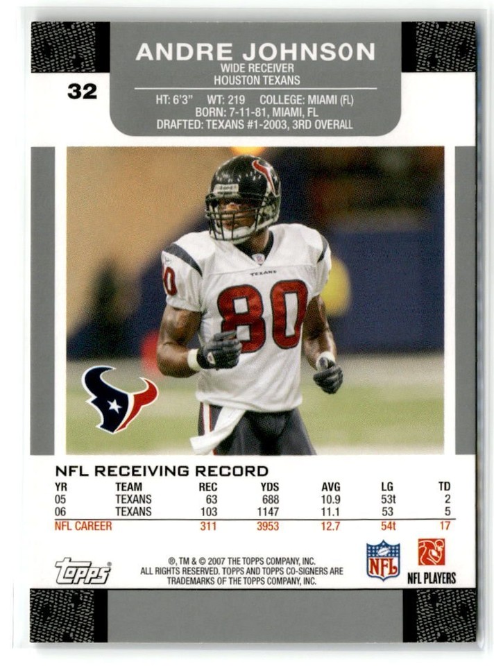 2007 Topps Co-Signers Football #32 Andre Johnson Houston Texans | eBay