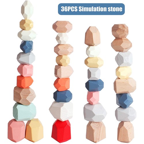 36pcs Toy Creative Wooden Colored Stacking Balancing Stone Building ...