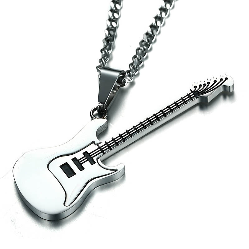 Silver/Gold/Black Stainless Steel Guitar Pendant Mens Music Lover Chain ...