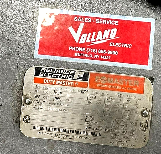 450HP RELIANCE DUTY MASTER MOTOR REBUILT - MODEL P44G6801A, 3600RPM ...