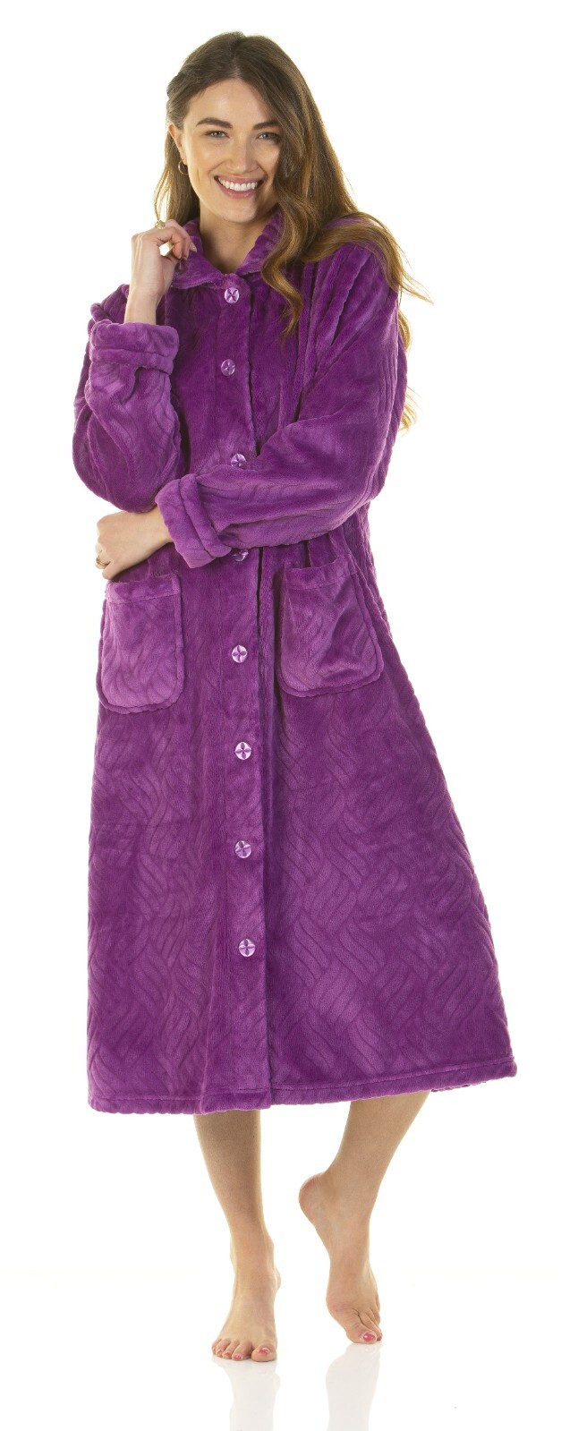 LADIES MIDNIGHT TULIP EMBOSSED BUTTON UP THROUGH DRESSING GOWN*FLEECE ...