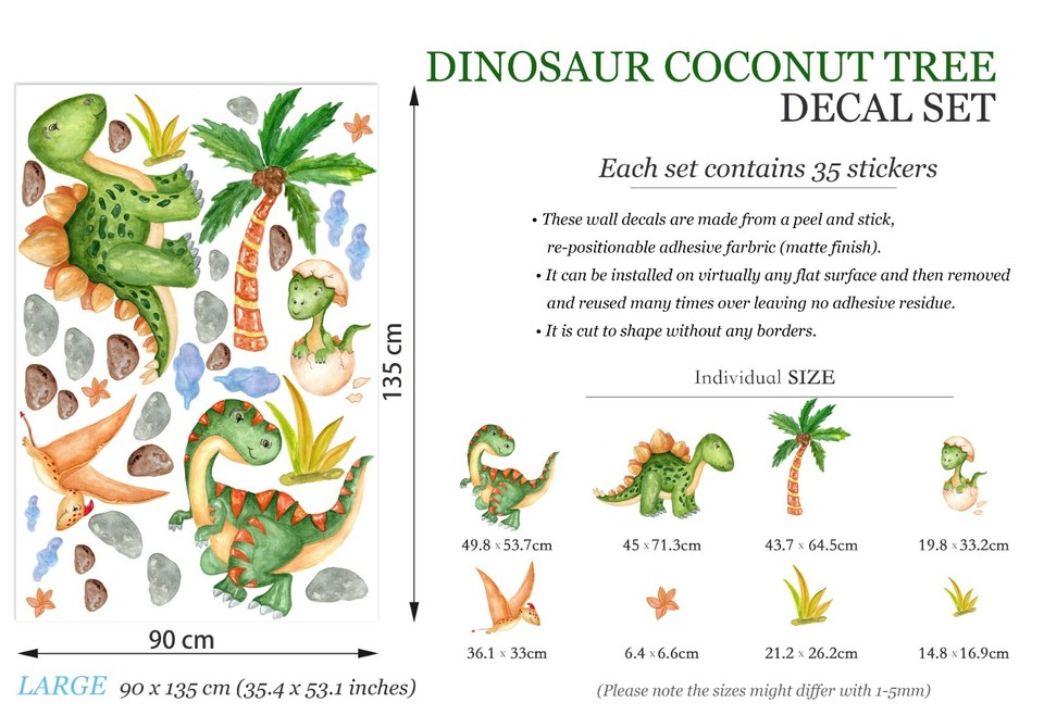Dinosaur Coconut Tree Clouds Wall Fabric Decal Set Sticker Room Gift ...