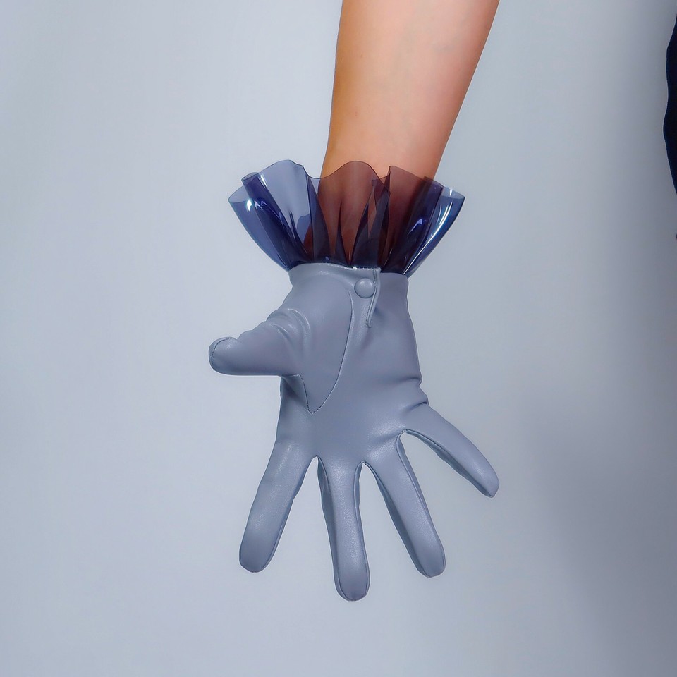 CLEAR GLOVES PVC Ruffle Trim TECH Faux Leather Black Short Plastic ...