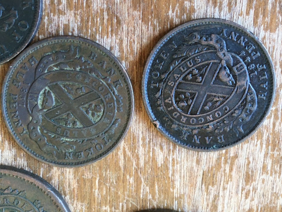 11 Canada antique trade tokens: 1842, 1852, 1857 one penny tokens, 1837 ...