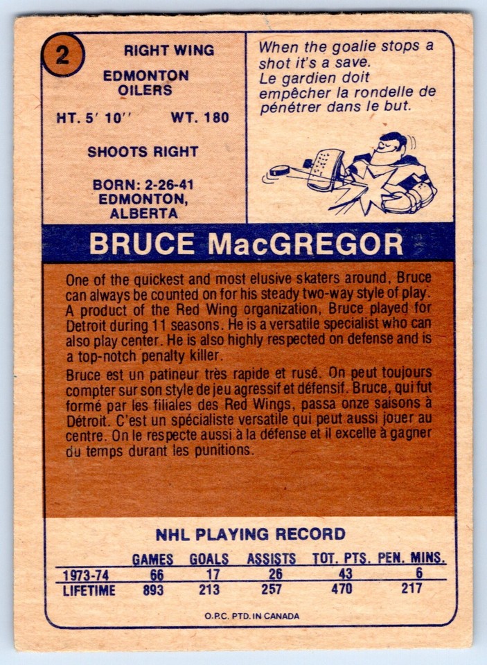 BRUCE MacGREGOR 1974-75 O-PEE-CHEE WHA 74-75 NO 2 VGEX+ 46528 | eBay