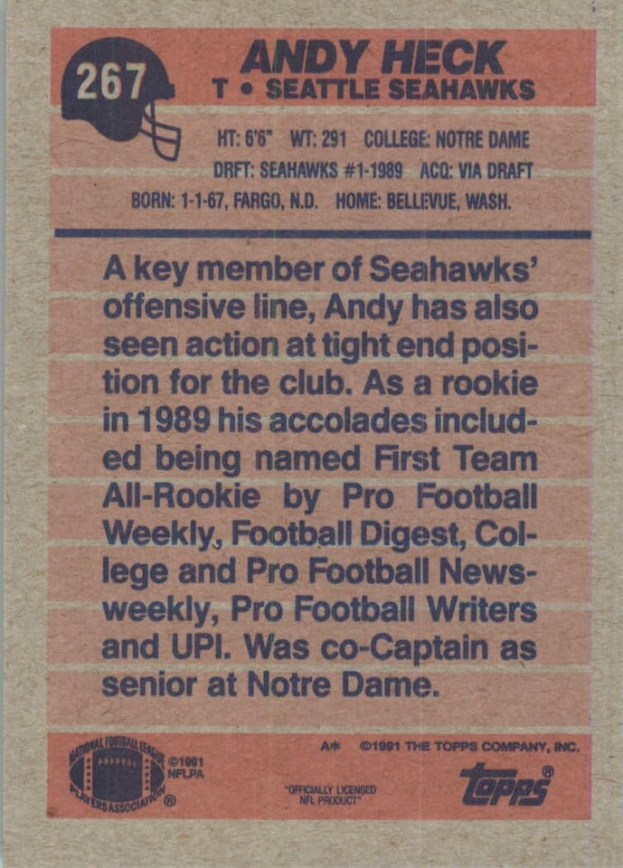 1991 Topps NFL Andy Heck #267 | eBay