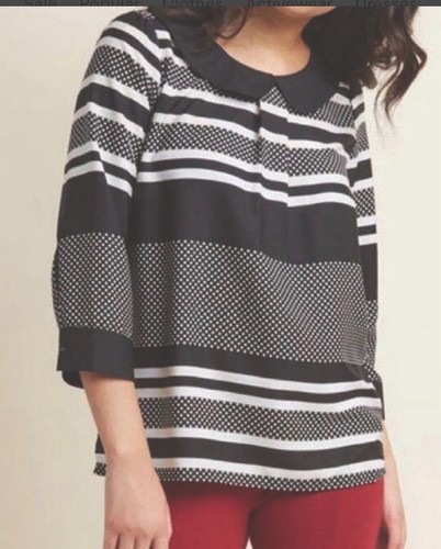 ModCloth Top M Navy & White Crepe Peter Pan Collar Key Hole Preppy Twee ...