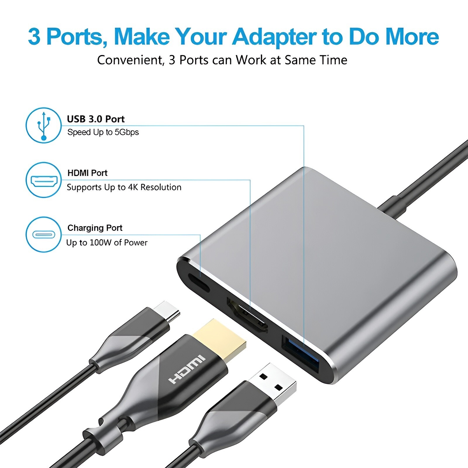 3-In-1 USB C Type C Multi-function Hub To USB-C PD HDTV USB 3.0 Adapter ...